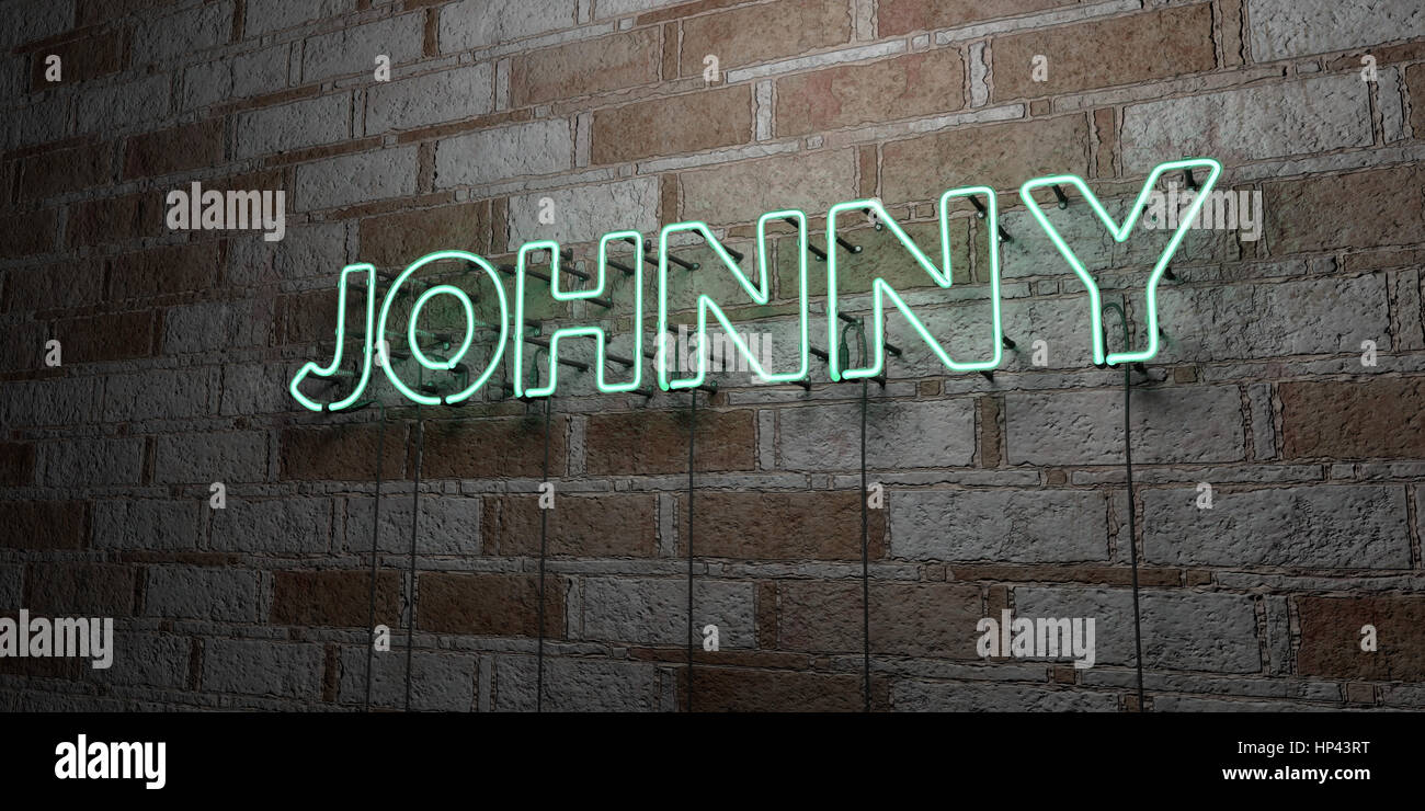 JOHNNY - Glowing Neon Sign on stonework wall - 3D rendered royalty free ...