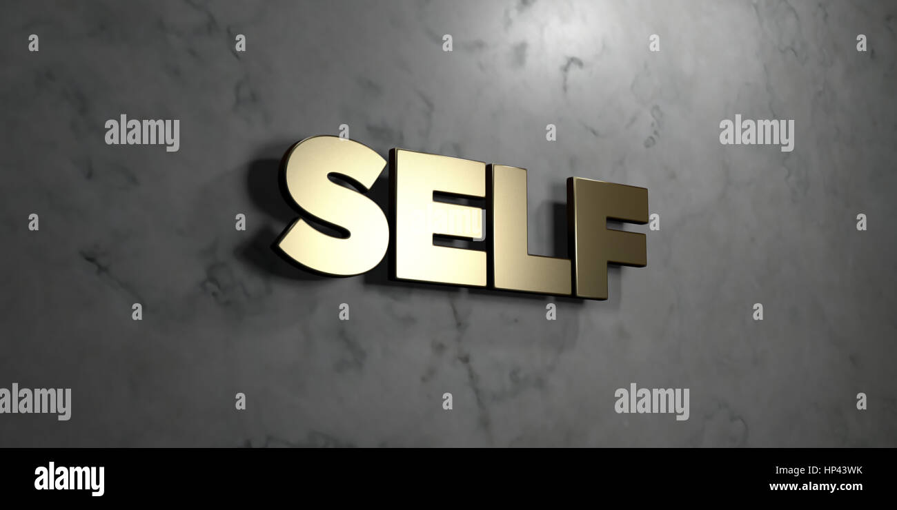 Self - Gold sign mounted on glossy marble wall - 3D rendered royalty ...