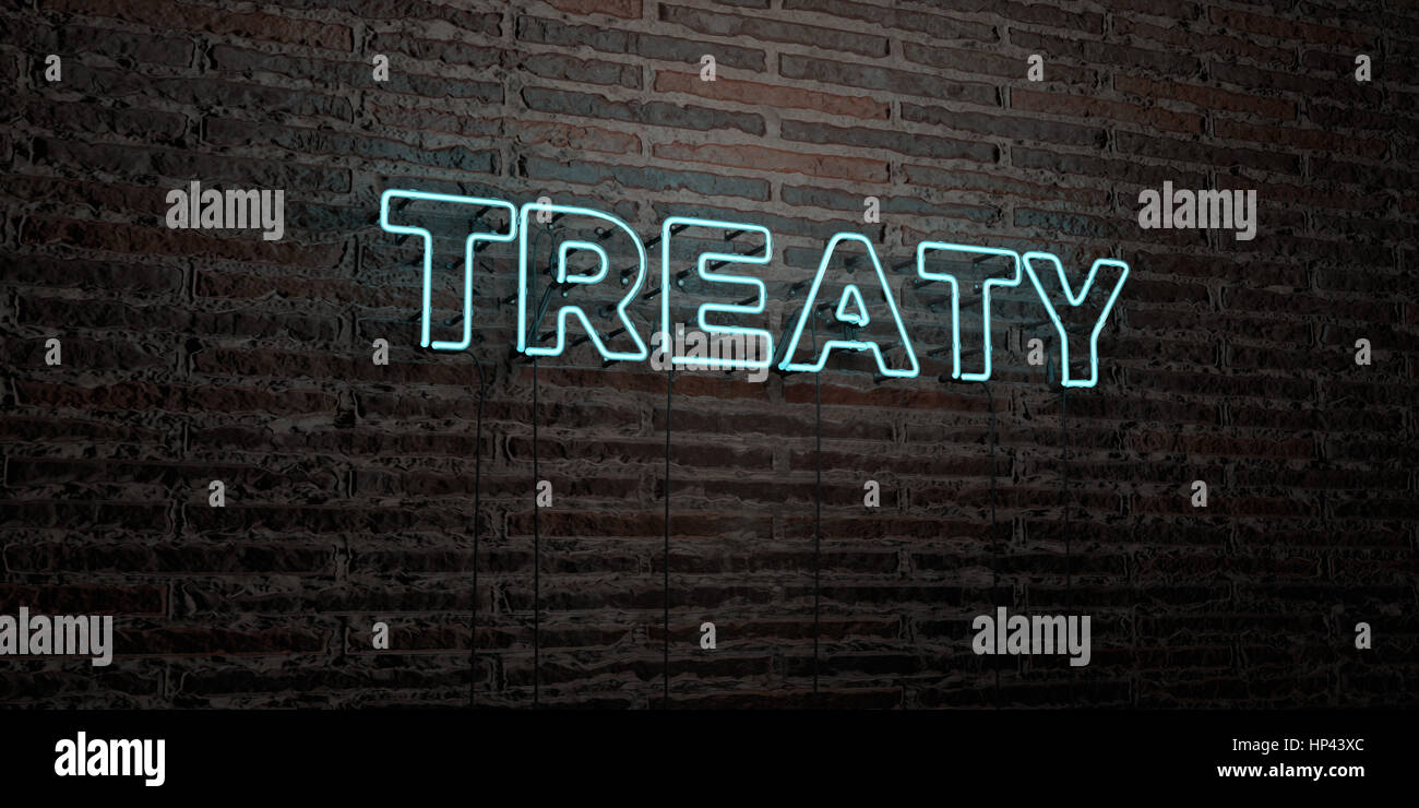TREATY -Realistic Neon Sign on Brick Wall background - 3D rendered ...