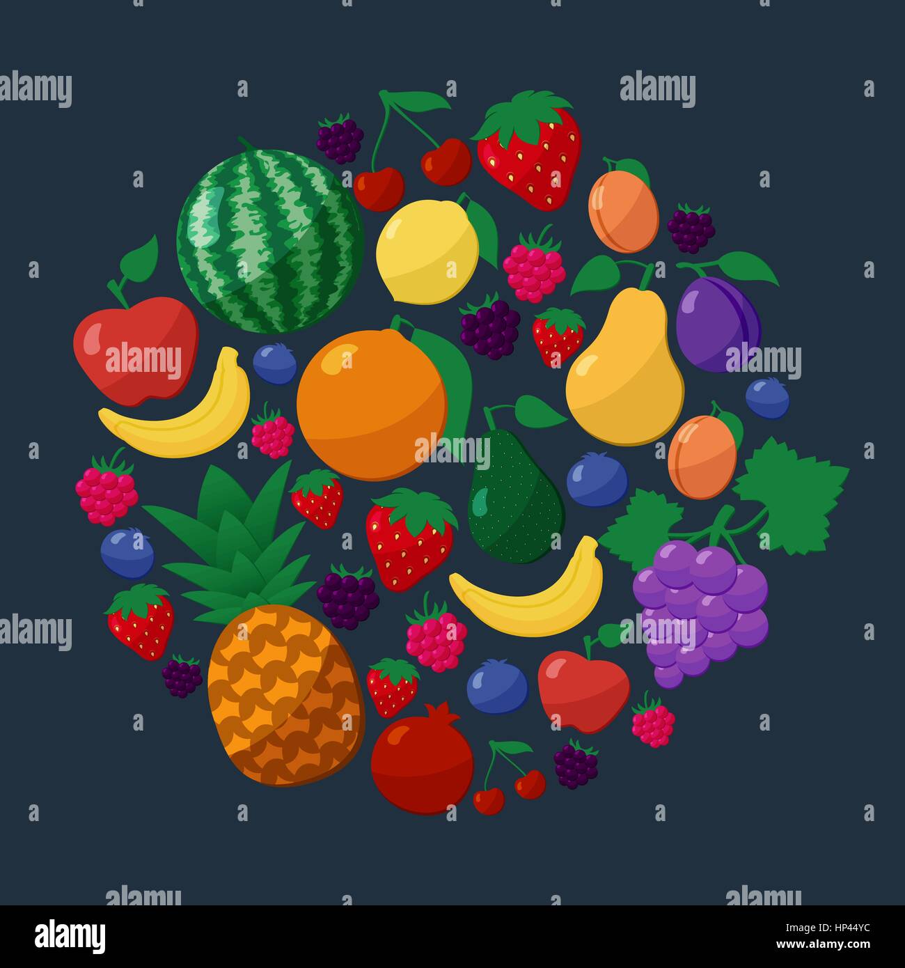 Vector Fruits and Berries Flat Style Icons Set in Circle Shape over ...