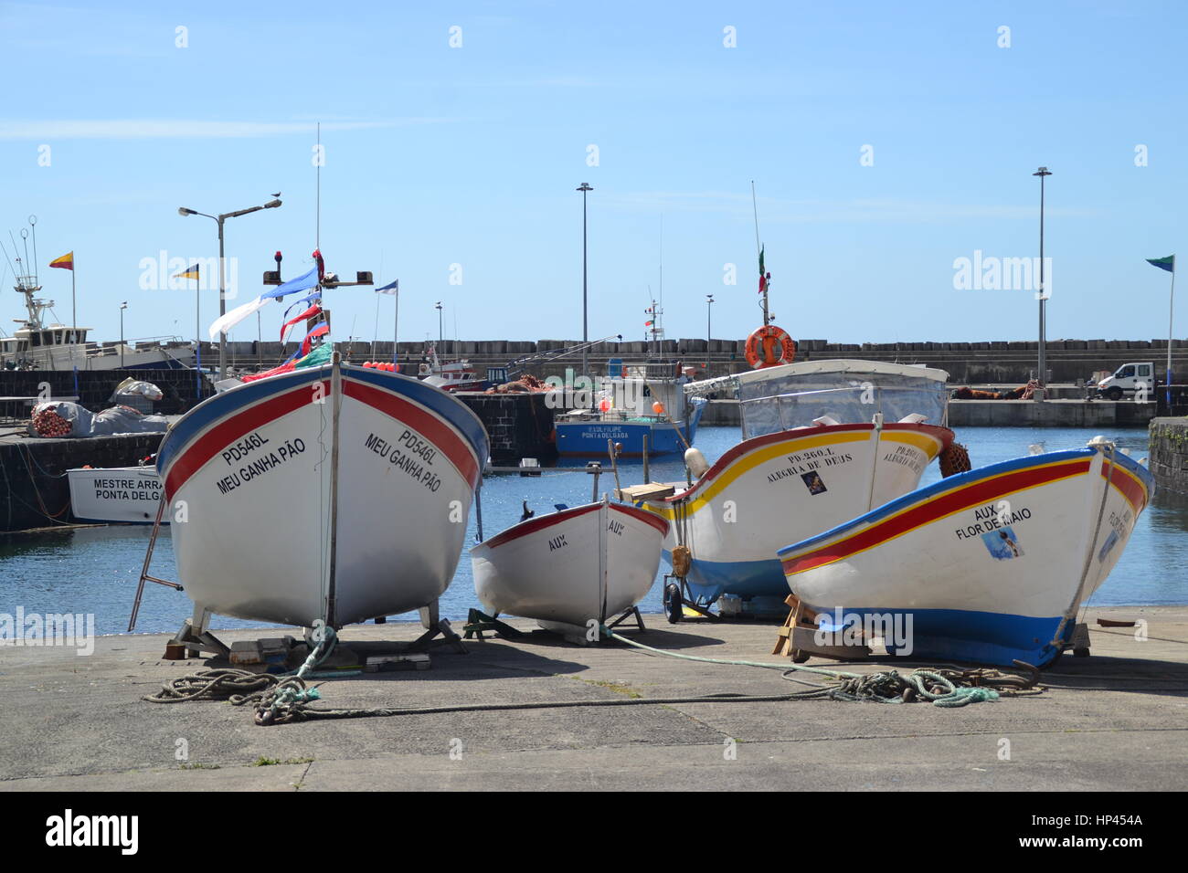Nice motor boat ashore at marine, Sao Miguel island, Azores archipelago ...