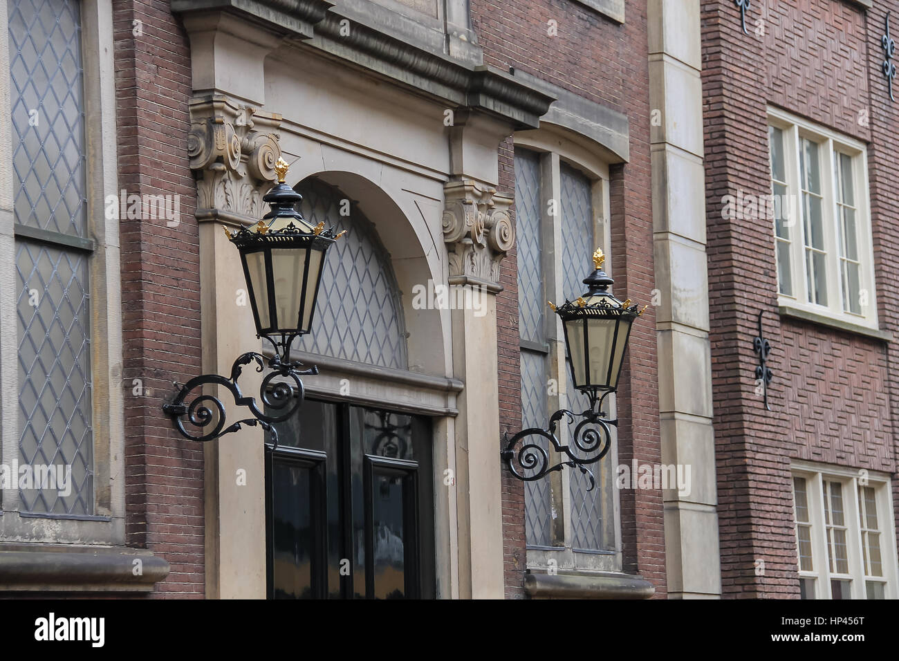 Vintage style lanterns on facade of old dutch building in Utrecht Stock ...