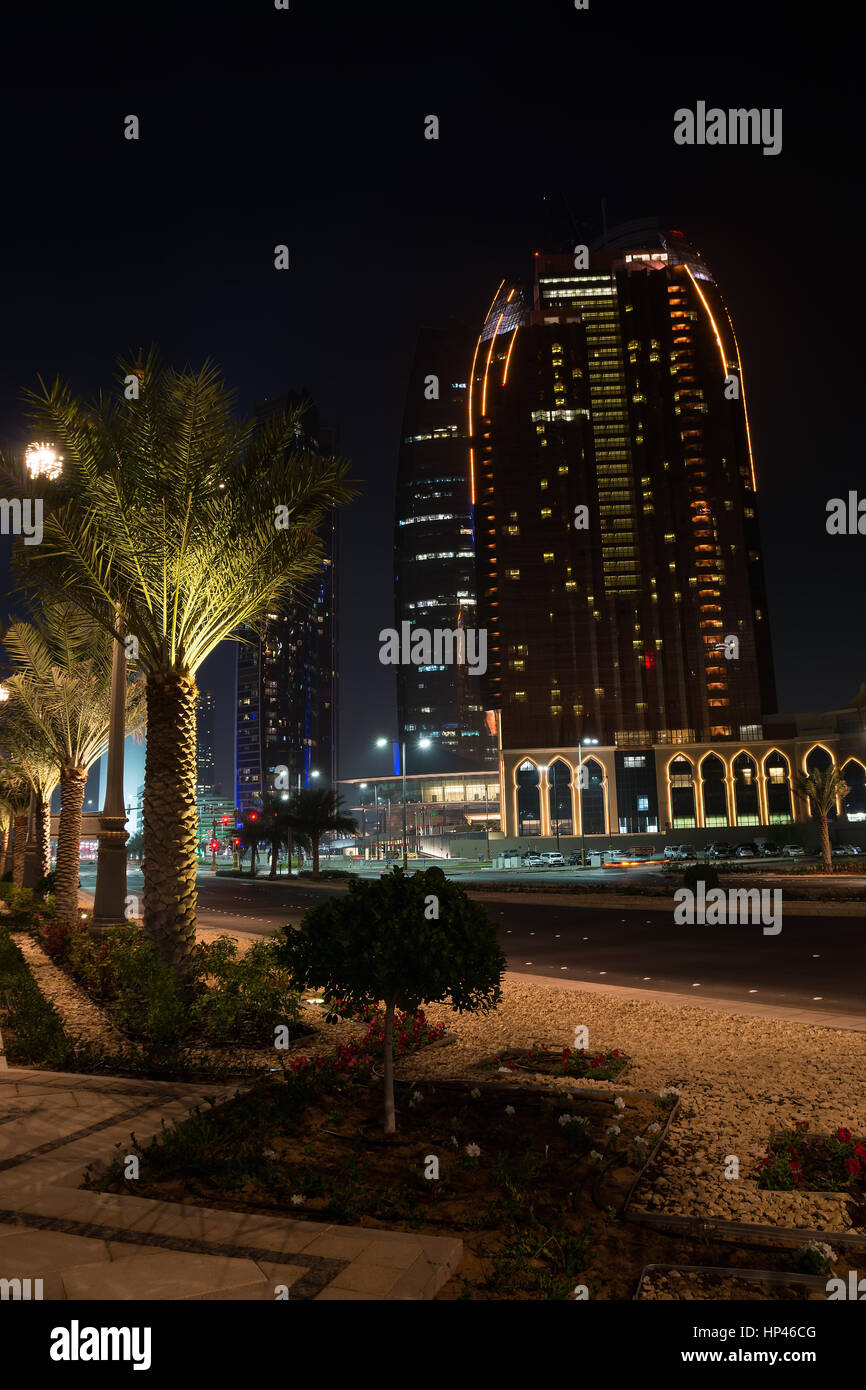 Night view of Abu Dhabi skyscrapers, United Arab Emirates Stock Photo ...