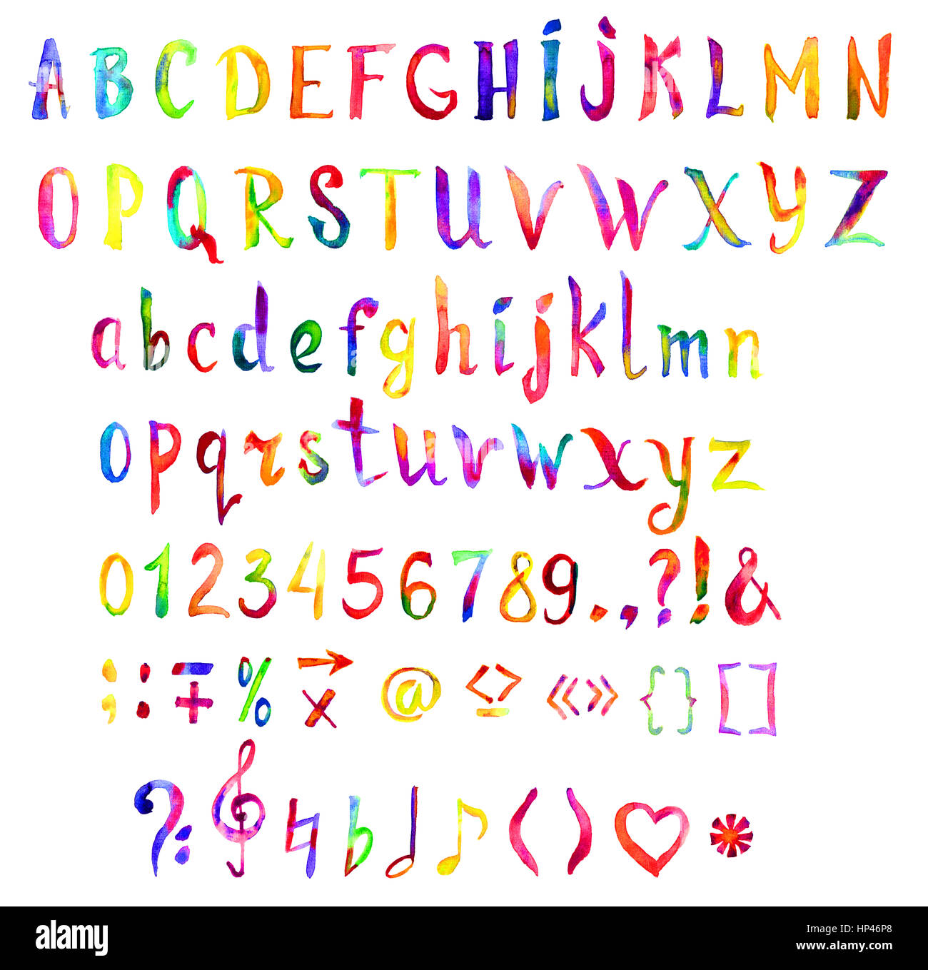 Hand painted, handwritten watercolor font with symbols and numbers, all ...