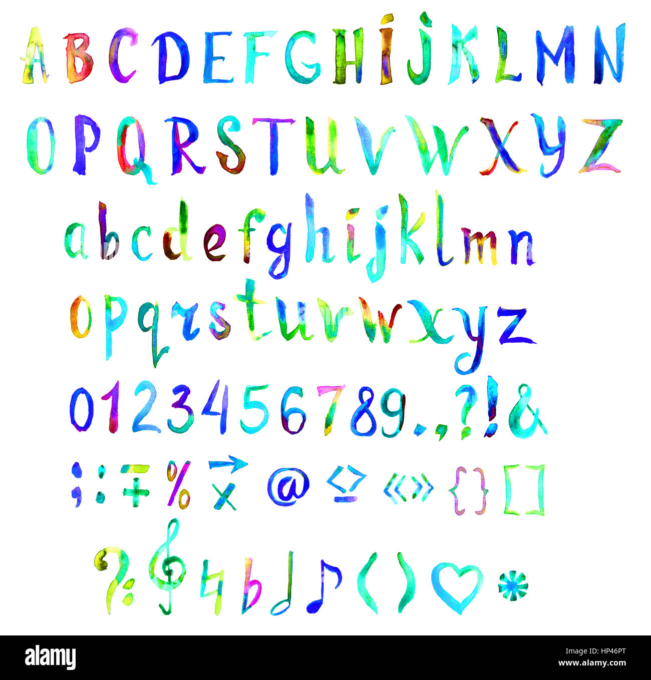 Hand painted, handwritten watercolor font with symbols and numbers, all ...
