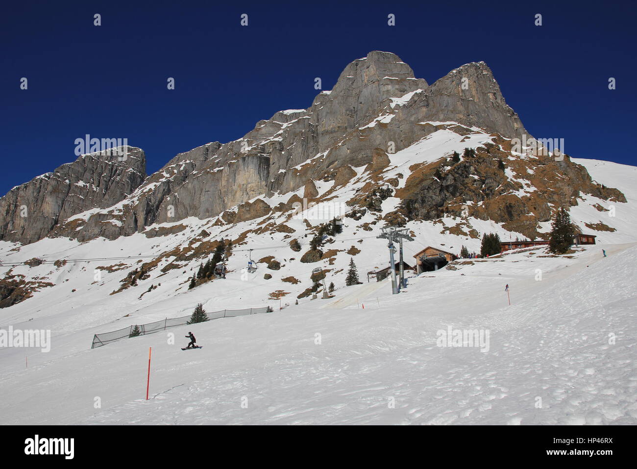Summit station of the Gumen cable car in Braunwald, Swiss Alps. Mount ...