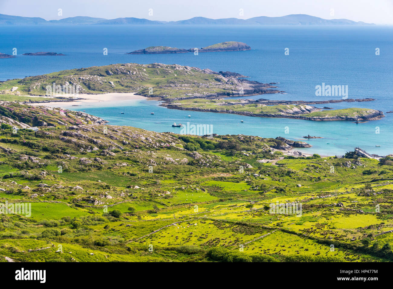 Panoramic views over Kenmare River, Abbey Island, Deenish Island and ...