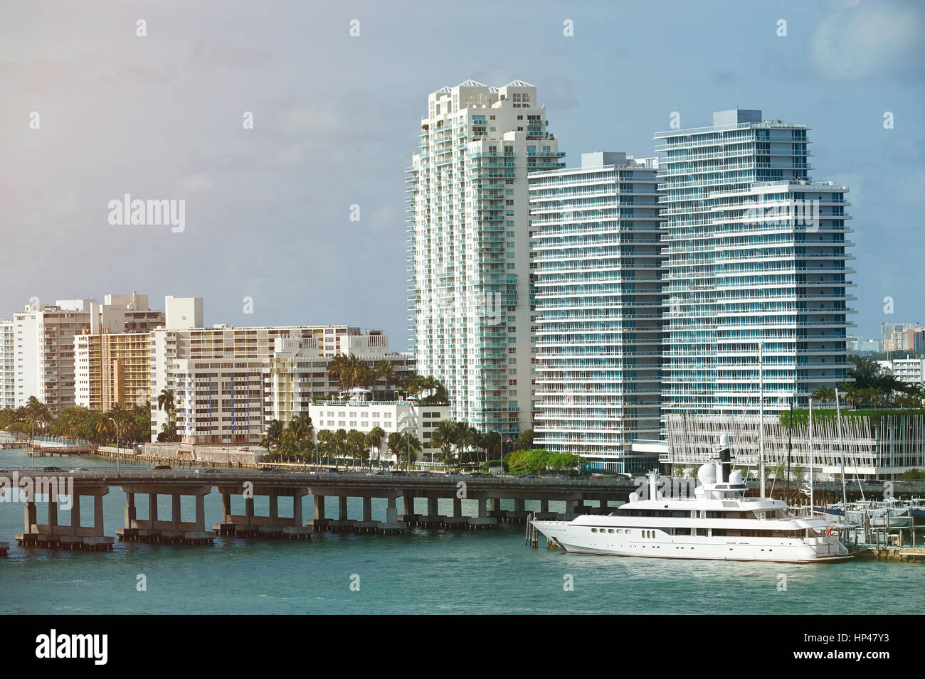 Port in downtown of Miami in skyscraper background. Skyline of Miami in ...