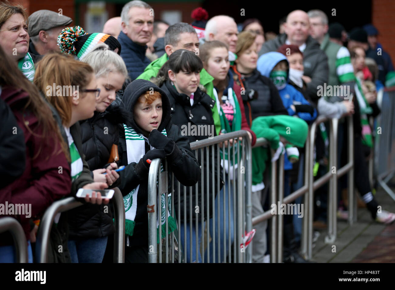 Celtic fans wait for the team bus to arrive outside the stadium ahead ...