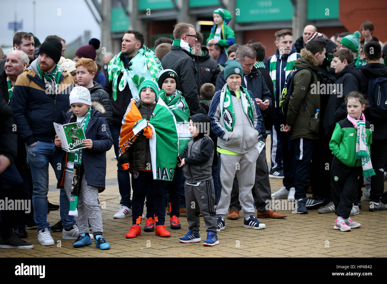 Celtic fans wait for the team bus to arrive outside the stadium ahead ...