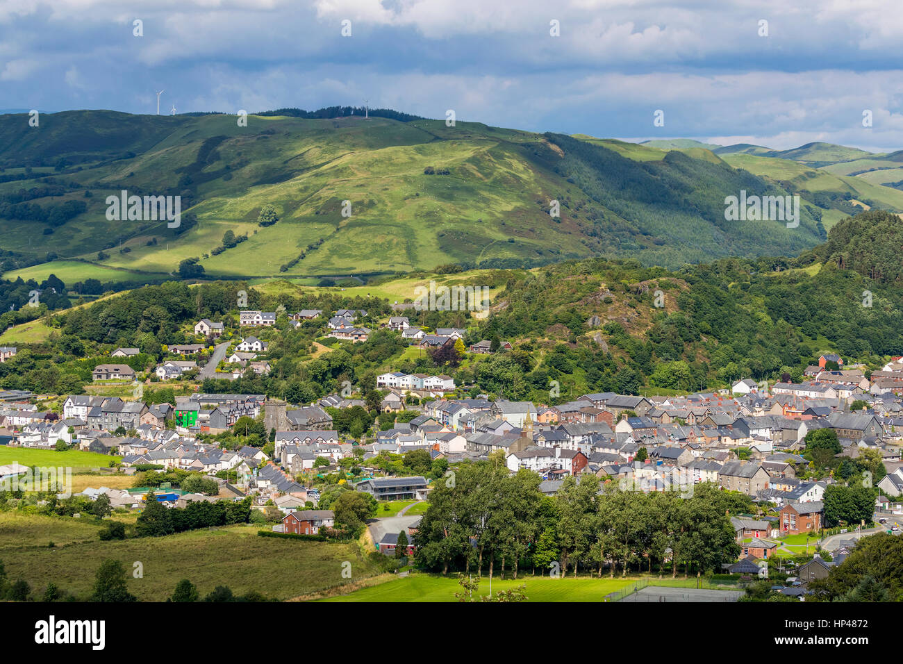 View over town and surrounding hills, Dyffryn Dyfi, Machynlleth, Powys ...