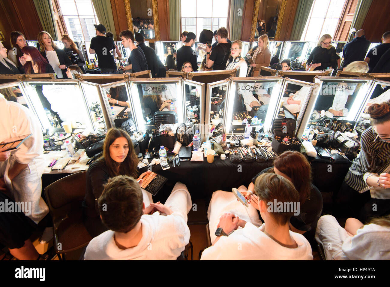 Models prepare backstage before the Julien Macdonald Autumn/Winter 2017 ...