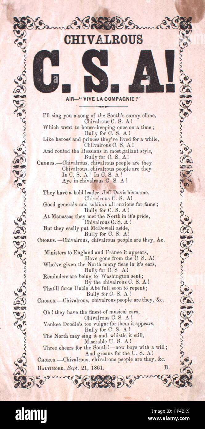 Sheet music cover image of the song 'Song Sheet Chivalrous CSA!', with ...