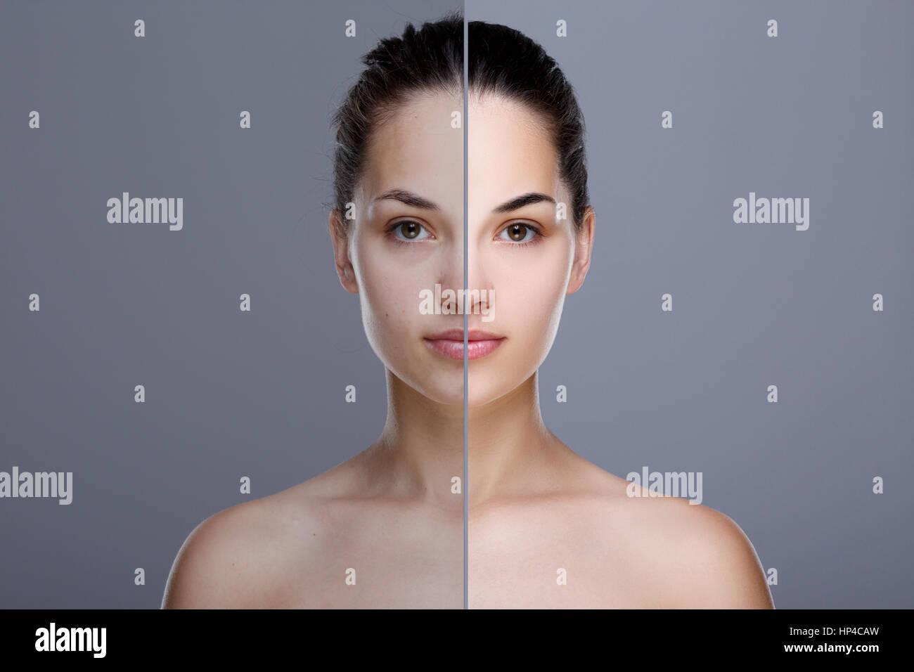 Comparison portrait with and without retouch Stock Photo - Alamy
