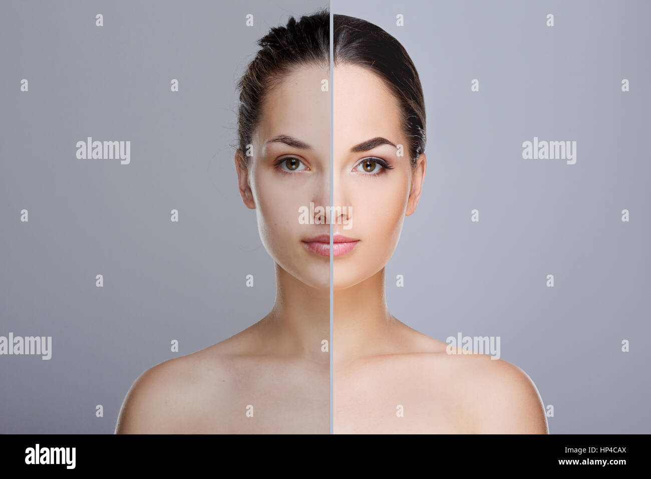 Comparison portrait with and without make-up Stock Photo - Alamy