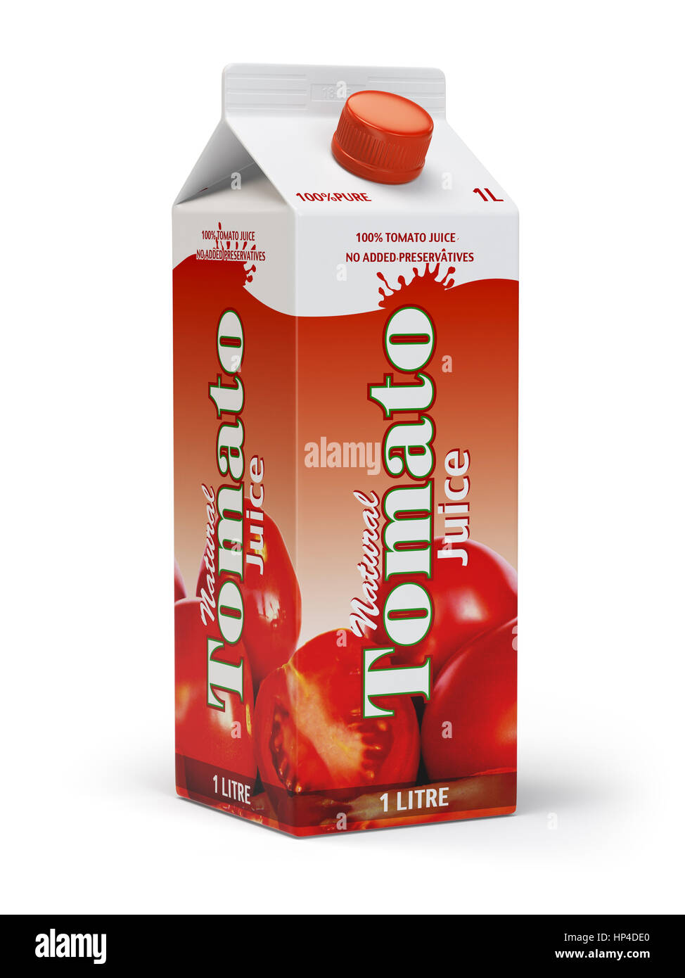 Tomato juice carton cardboard box pack isolated on white background. 3d ...