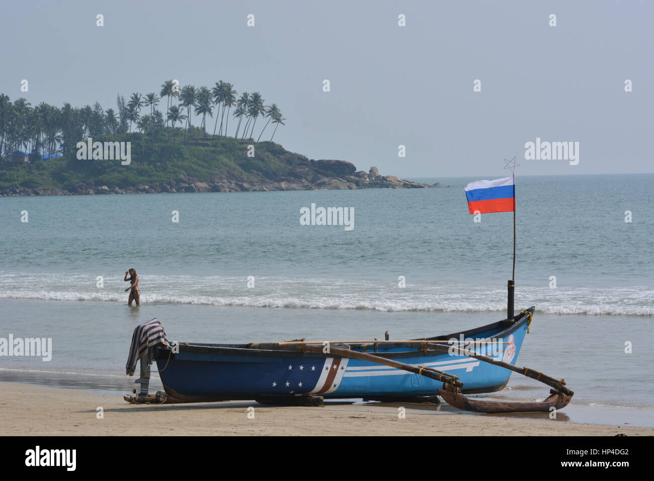 Palolem, India - October 21, 2015 - Russian flag on goa beach, lots of ...