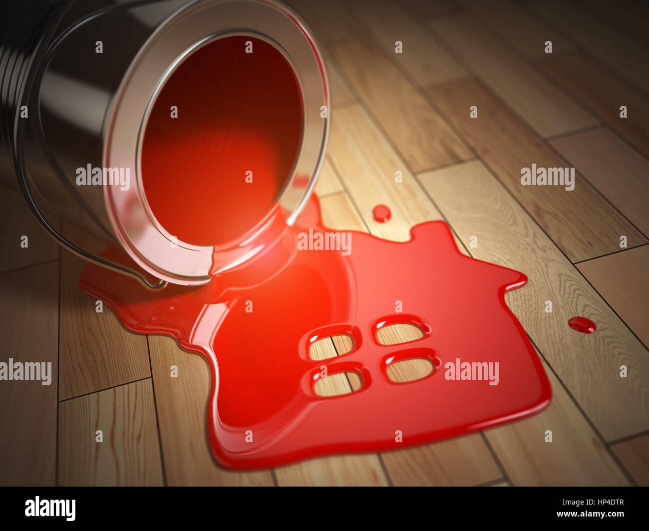 House renovation construction concept. Can with spilled red paint and ...