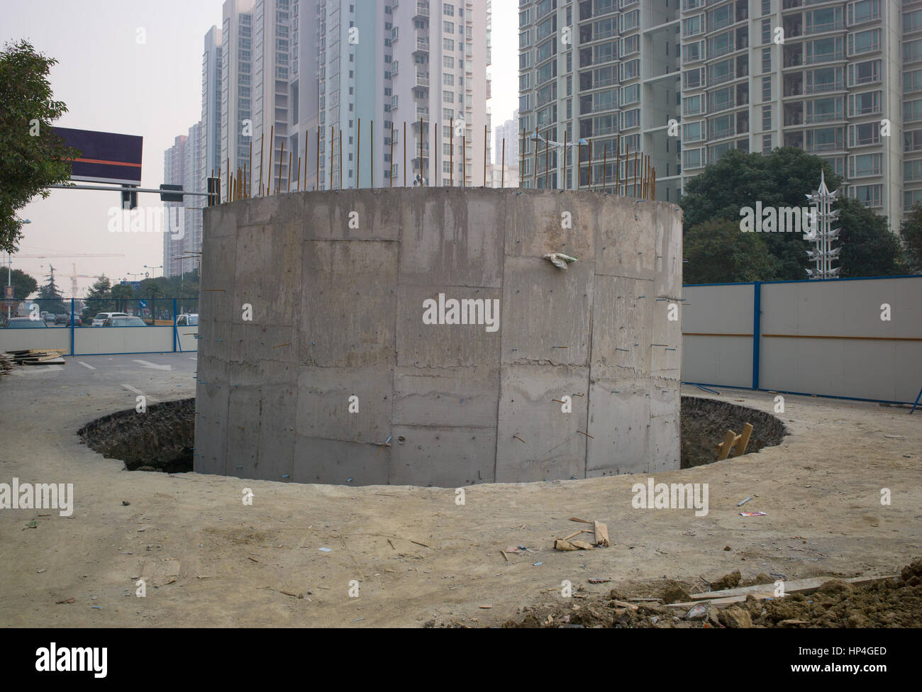 Reinforced concrete shaft under construction for access to drainage ...