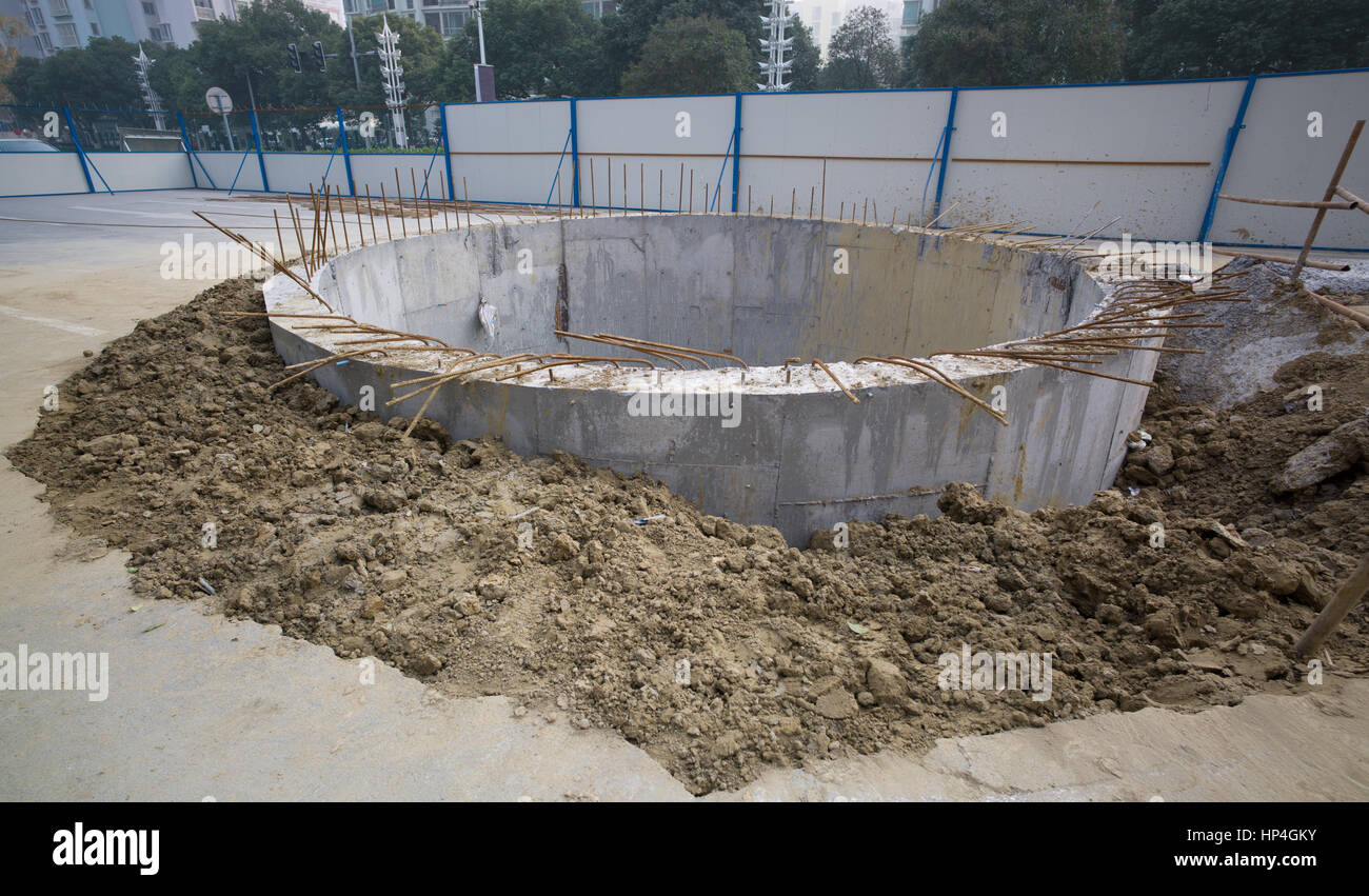 Reinforced concrete shaft under construction for access to drainage ...