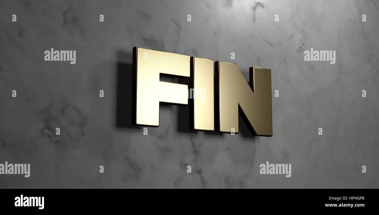 Fin - Gold sign mounted on glossy marble wall - 3D rendered royalty ...