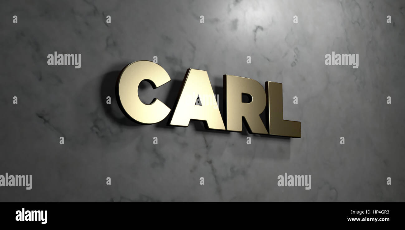 Carl - Gold sign mounted on glossy marble wall - 3D rendered royalty ...
