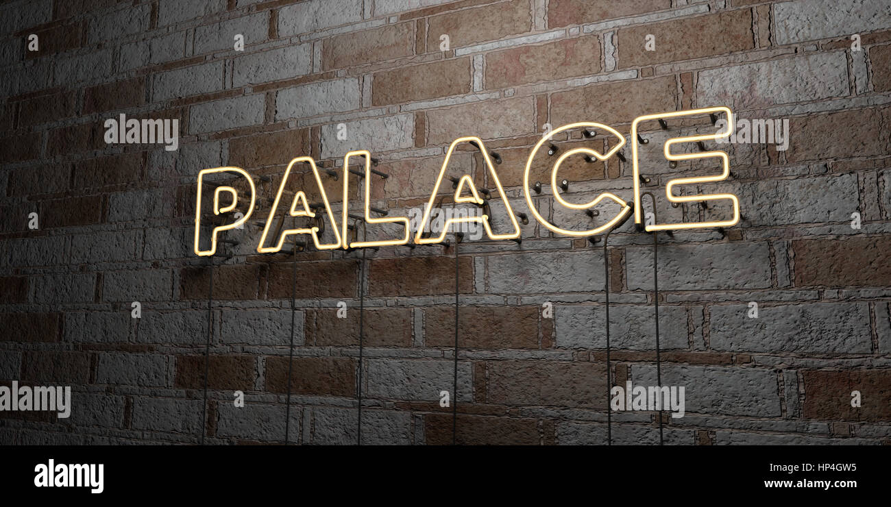 PALACE - Glowing Neon Sign on stonework wall - 3D rendered royalty free ...