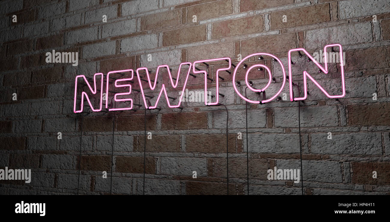 NEWTON - Glowing Neon Sign on stonework wall - 3D rendered royalty free ...