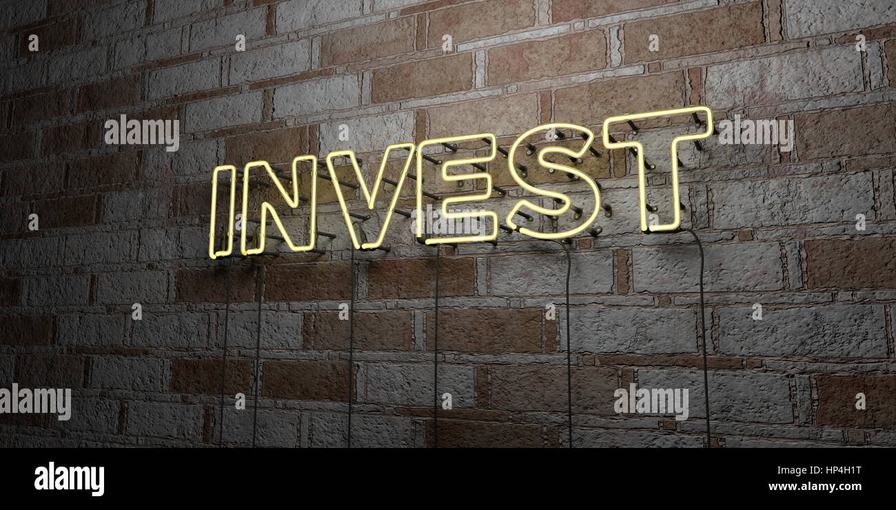 INVEST - Glowing Neon Sign on stonework wall - 3D rendered royalty free ...