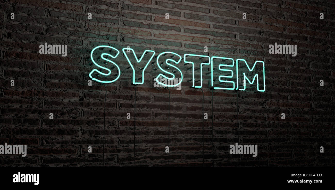 SYSTEM -Realistic Neon Sign on Brick Wall background - 3D rendered ...
