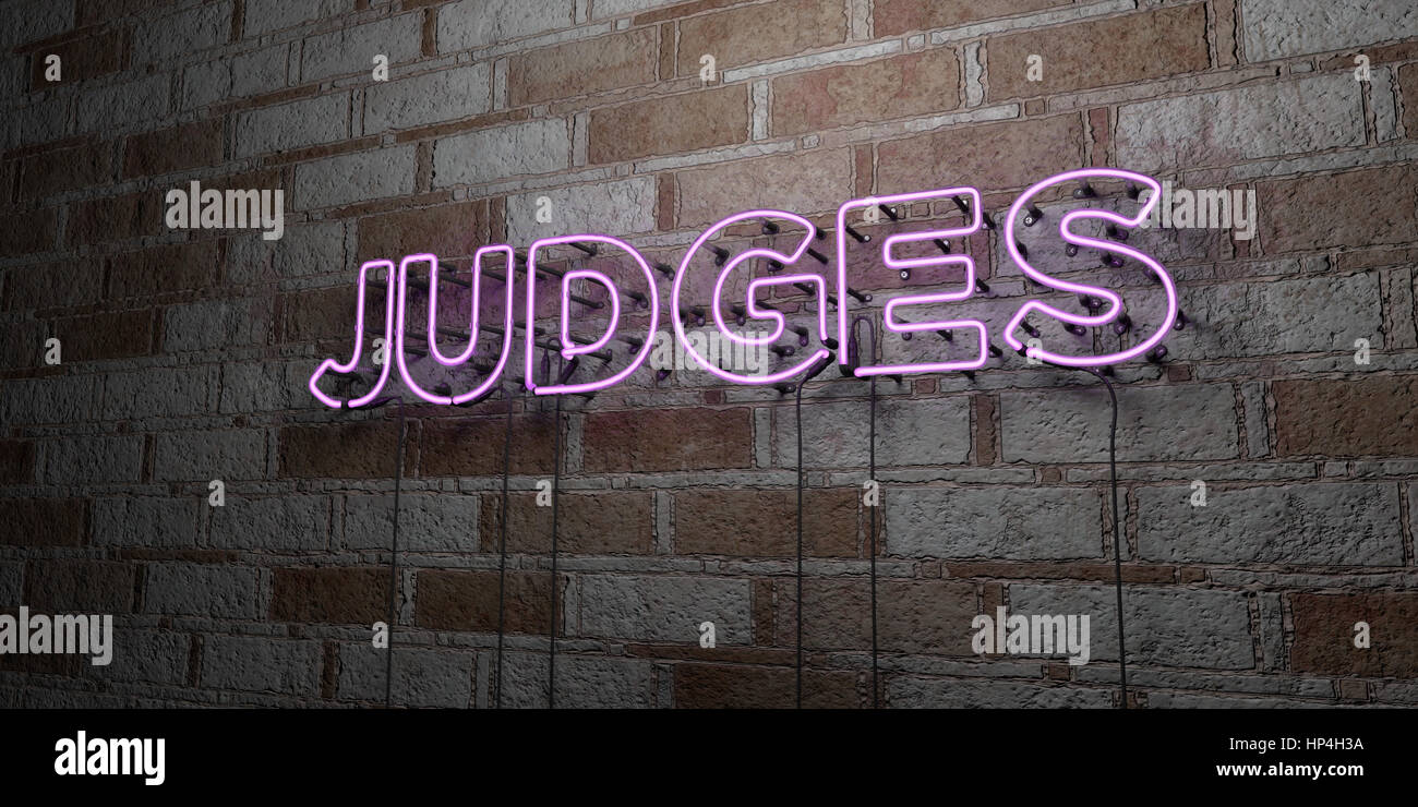 JUDGES - Glowing Neon Sign on stonework wall - 3D rendered royalty free ...