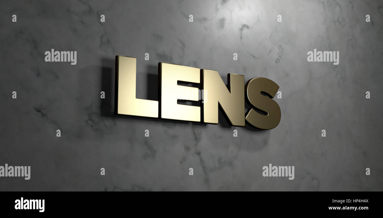 Lens - Gold sign mounted on glossy marble wall - 3D rendered royalty ...