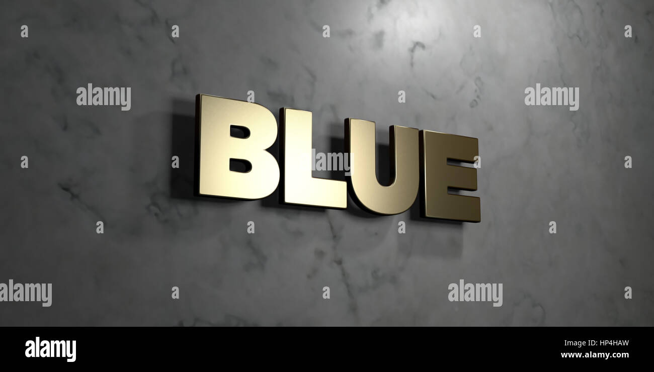 Blue - Gold sign mounted on glossy marble wall - 3D rendered royalty ...