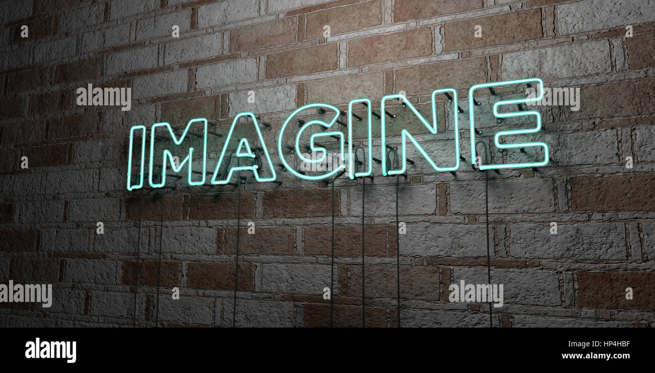 IMAGINE - Glowing Neon Sign on stonework wall - 3D rendered royalty ...