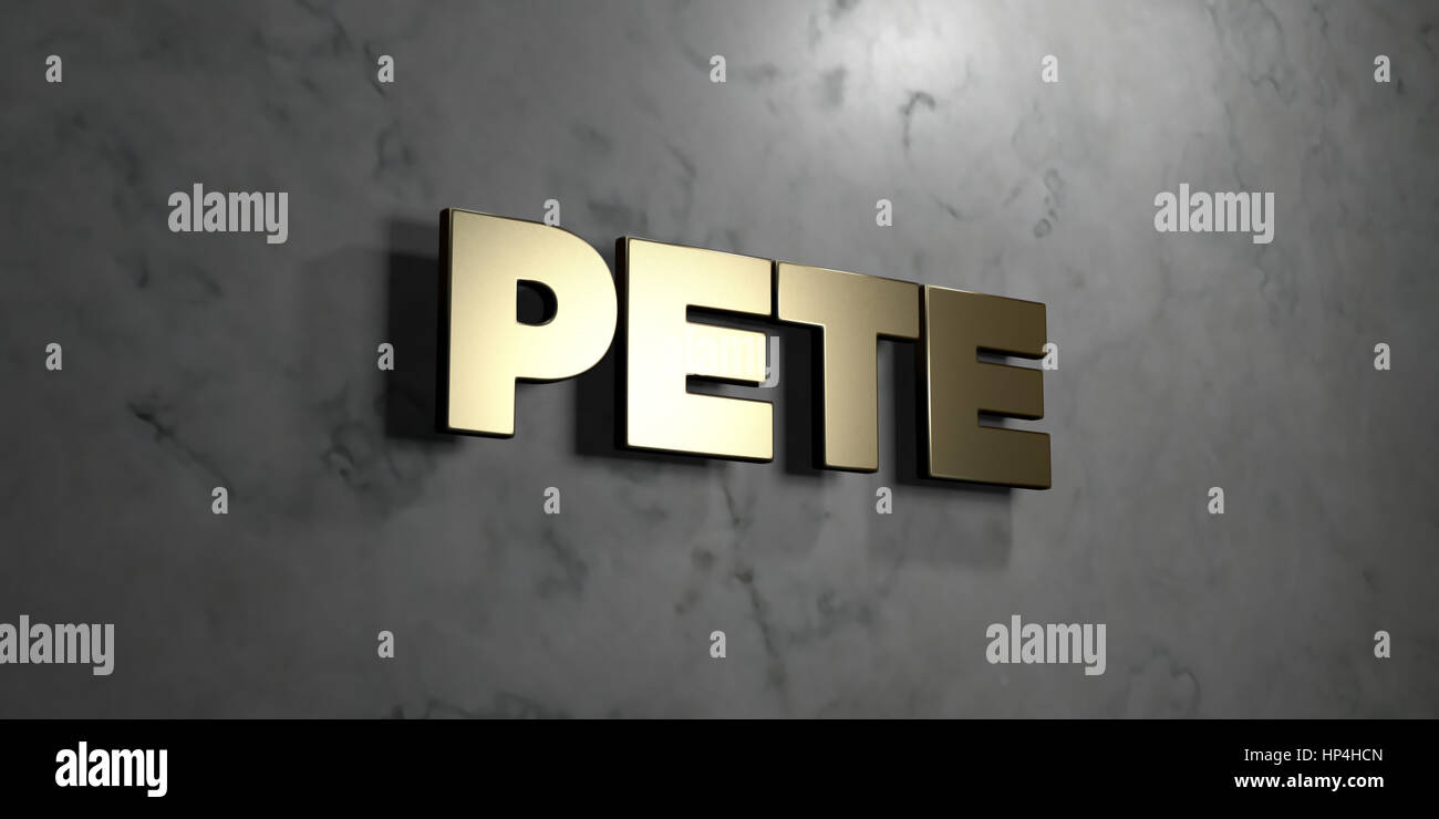 Pete - Gold sign mounted on glossy marble wall - 3D rendered royalty ...
