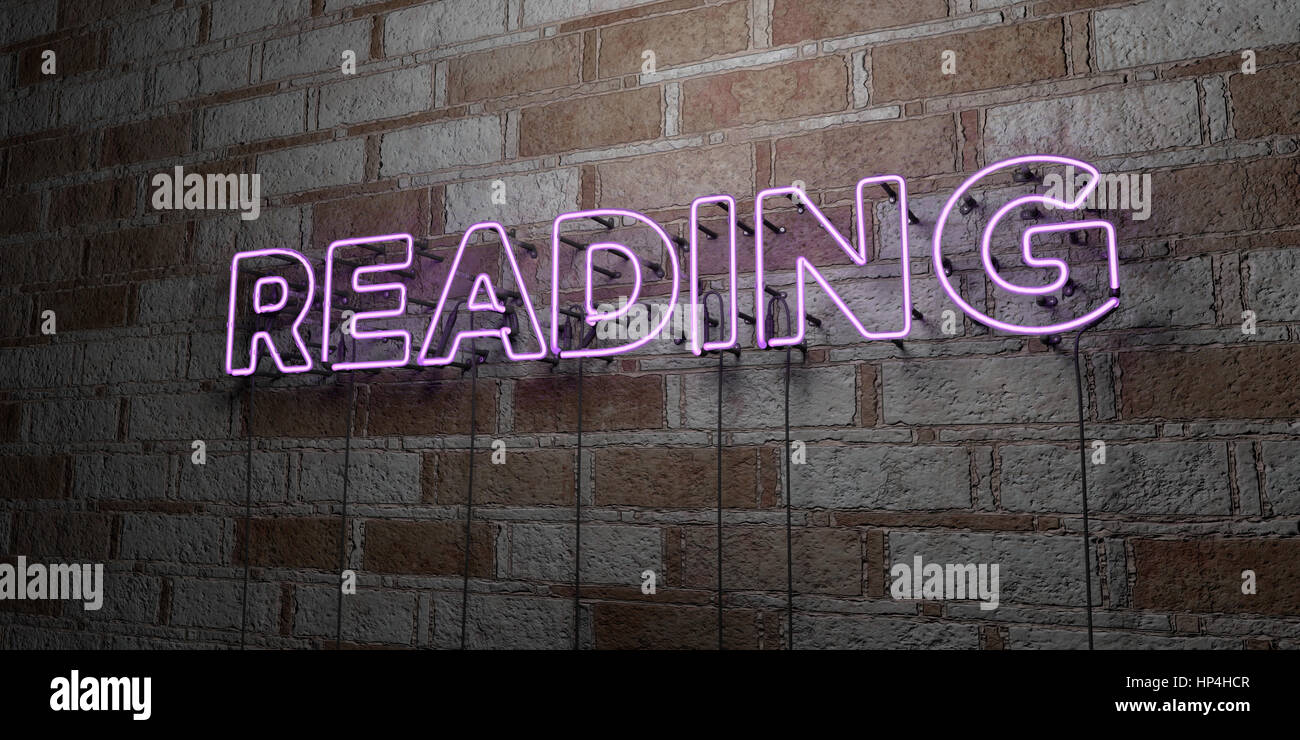 READING - Glowing Neon Sign on stonework wall - 3D rendered royalty ...