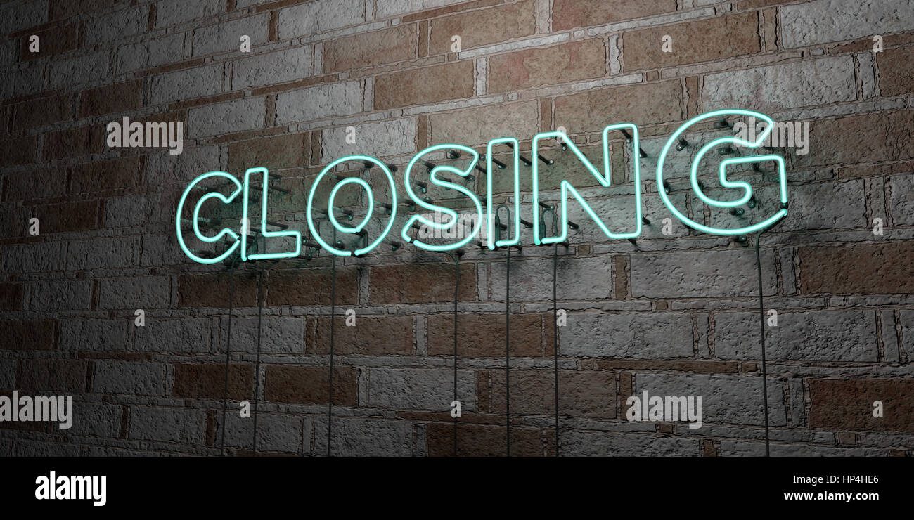 CLOSING - Glowing Neon Sign on stonework wall - 3D rendered royalty ...