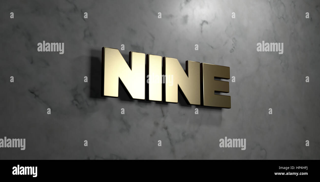 Nine - Gold sign mounted on glossy marble wall - 3D rendered royalty ...