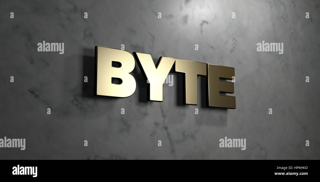 Byte - Gold sign mounted on glossy marble wall - 3D rendered royalty ...
