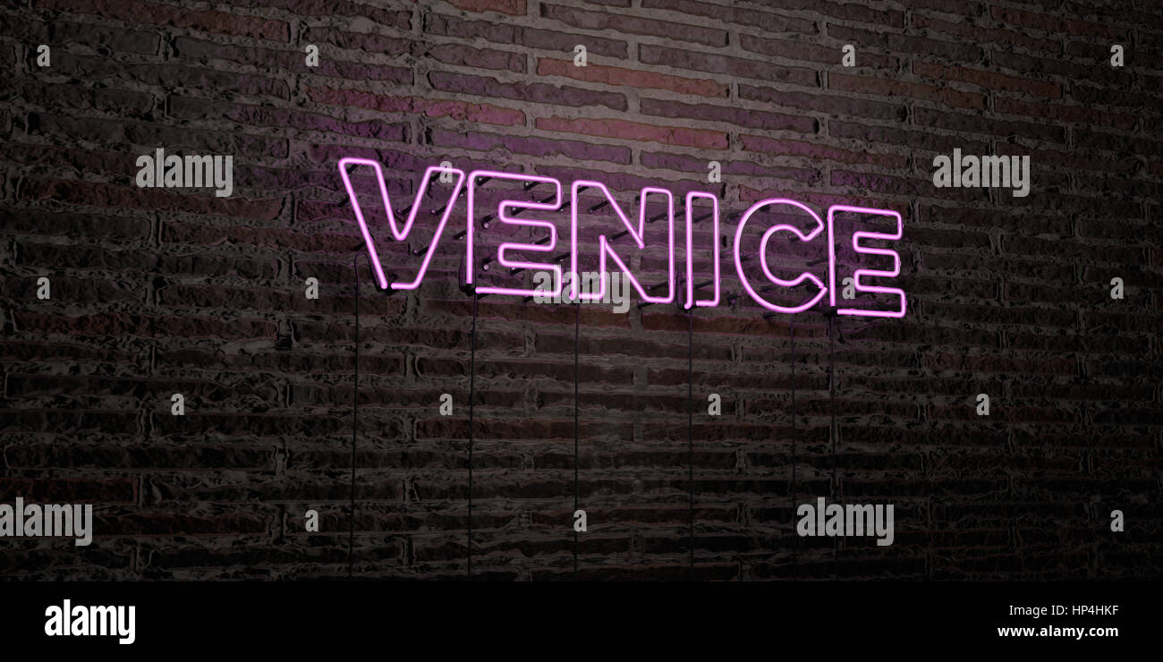 VENICE -Realistic Neon Sign on Brick Wall background - 3D rendered ...