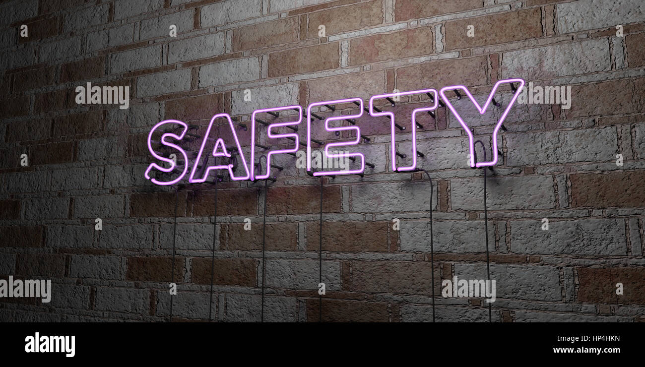 SAFETY - Glowing Neon Sign on stonework wall - 3D rendered royalty free ...