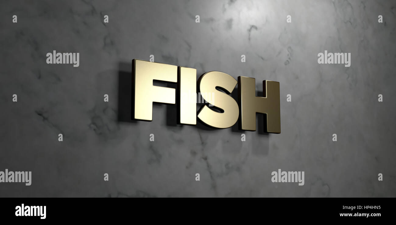 Fish - Gold sign mounted on glossy marble wall - 3D rendered royalty ...