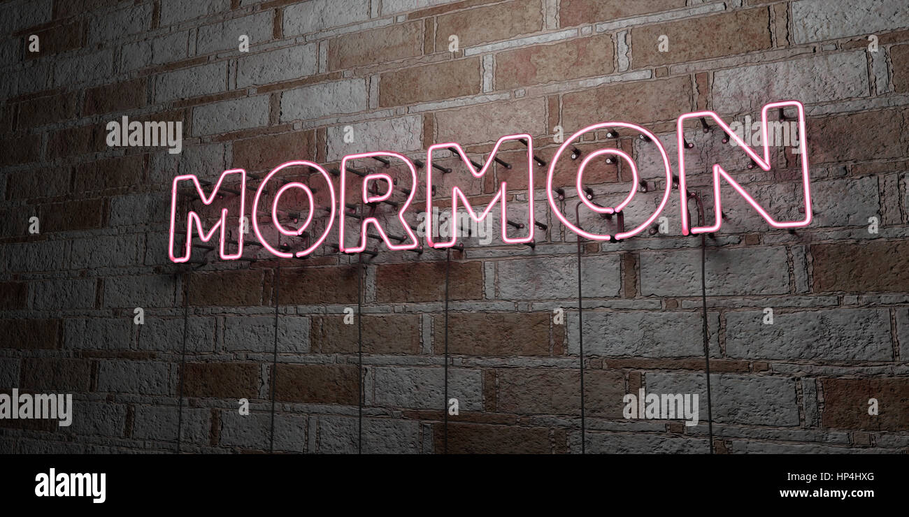 MORMON - Glowing Neon Sign on stonework wall - 3D rendered royalty free ...