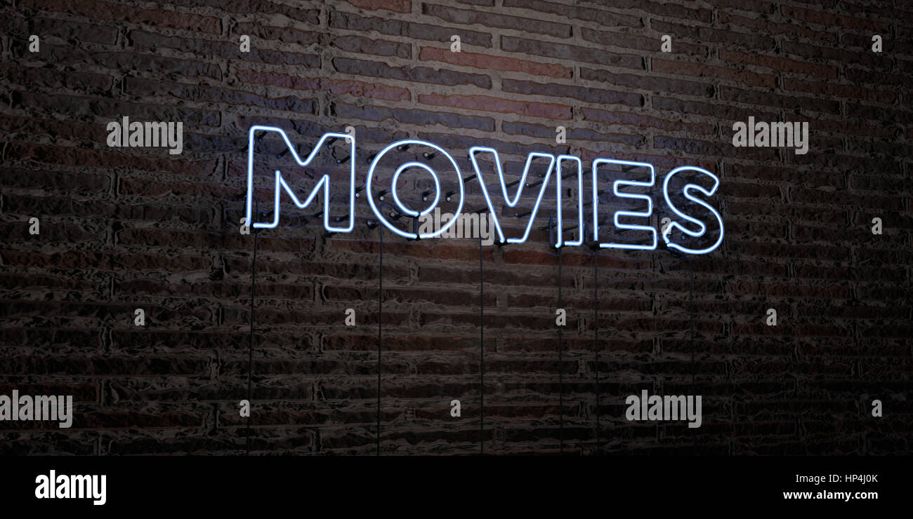 MOVIES -Realistic Neon Sign on Brick Wall background - 3D rendered ...