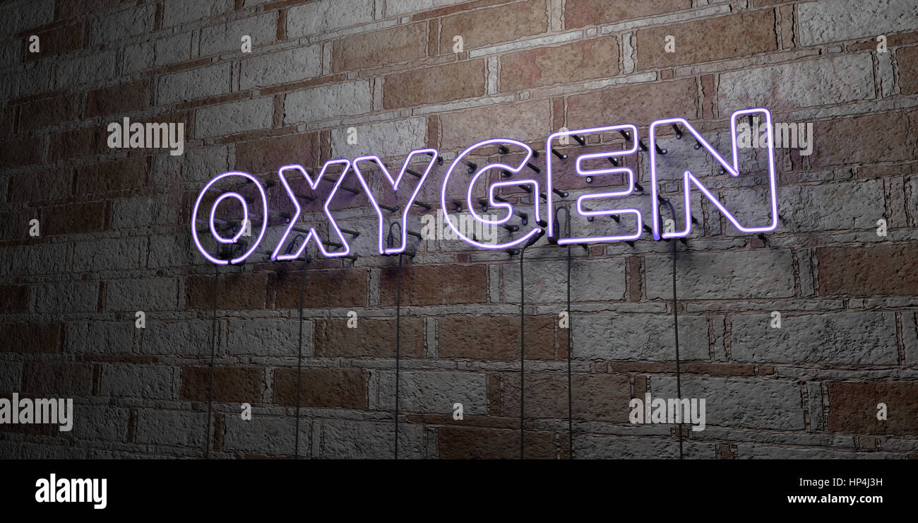 OXYGEN - Glowing Neon Sign on stonework wall - 3D rendered royalty free ...