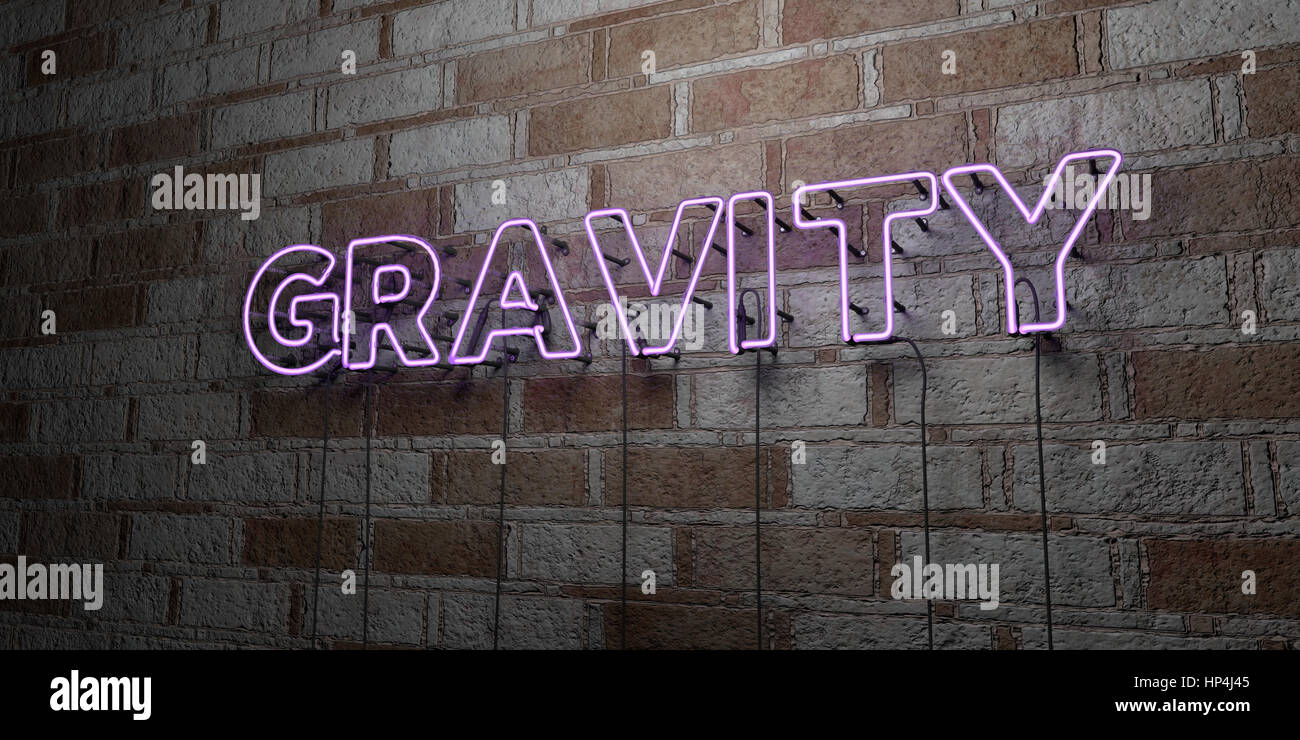 GRAVITY - Glowing Neon Sign on stonework wall - 3D rendered royalty ...