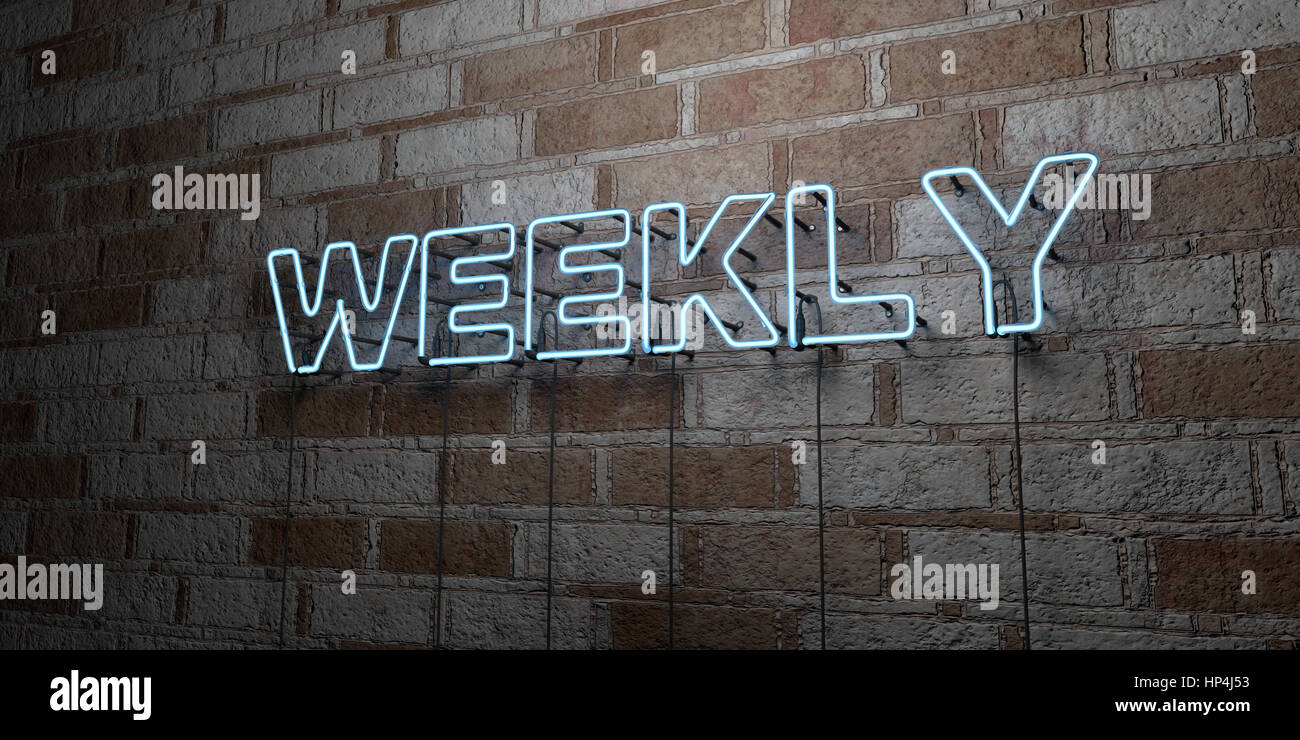 WEEKLY - Glowing Neon Sign on stonework wall - 3D rendered royalty free ...