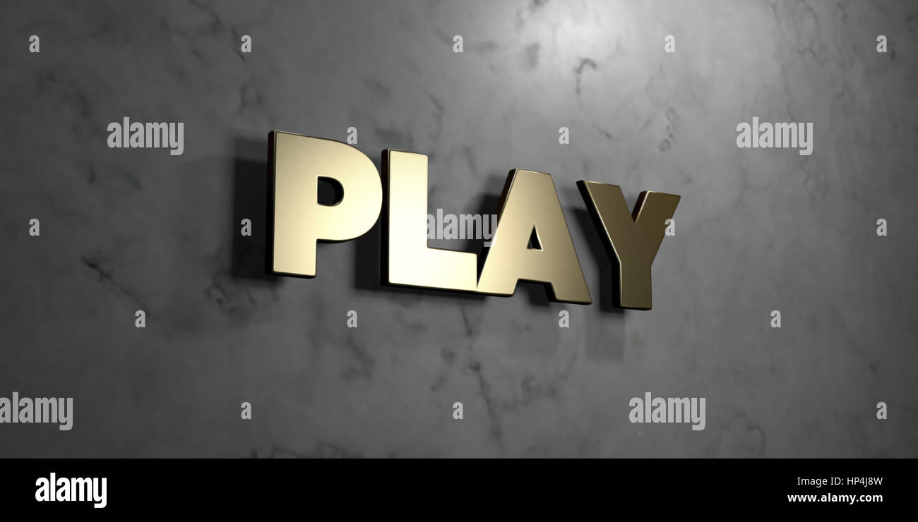 Play - Gold sign mounted on glossy marble wall - 3D rendered royalty ...