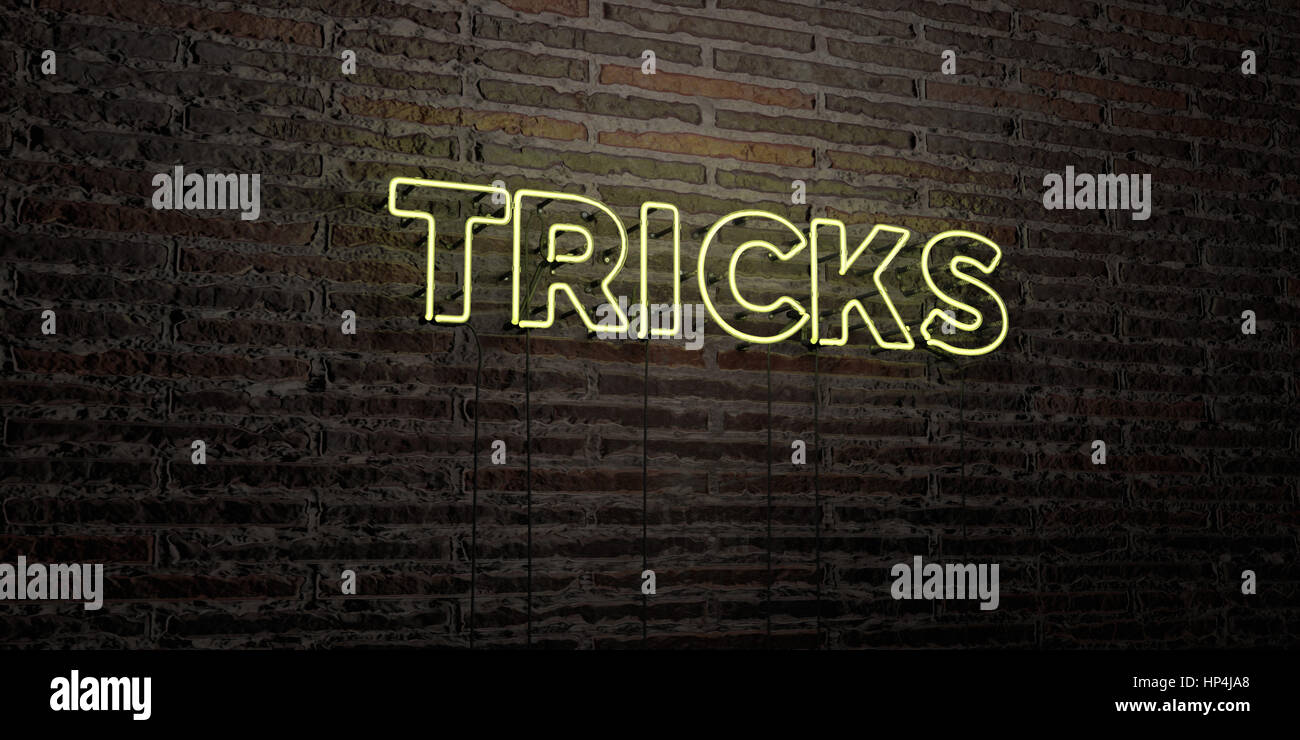 TRICKS -Realistic Neon Sign on Brick Wall background - 3D rendered ...