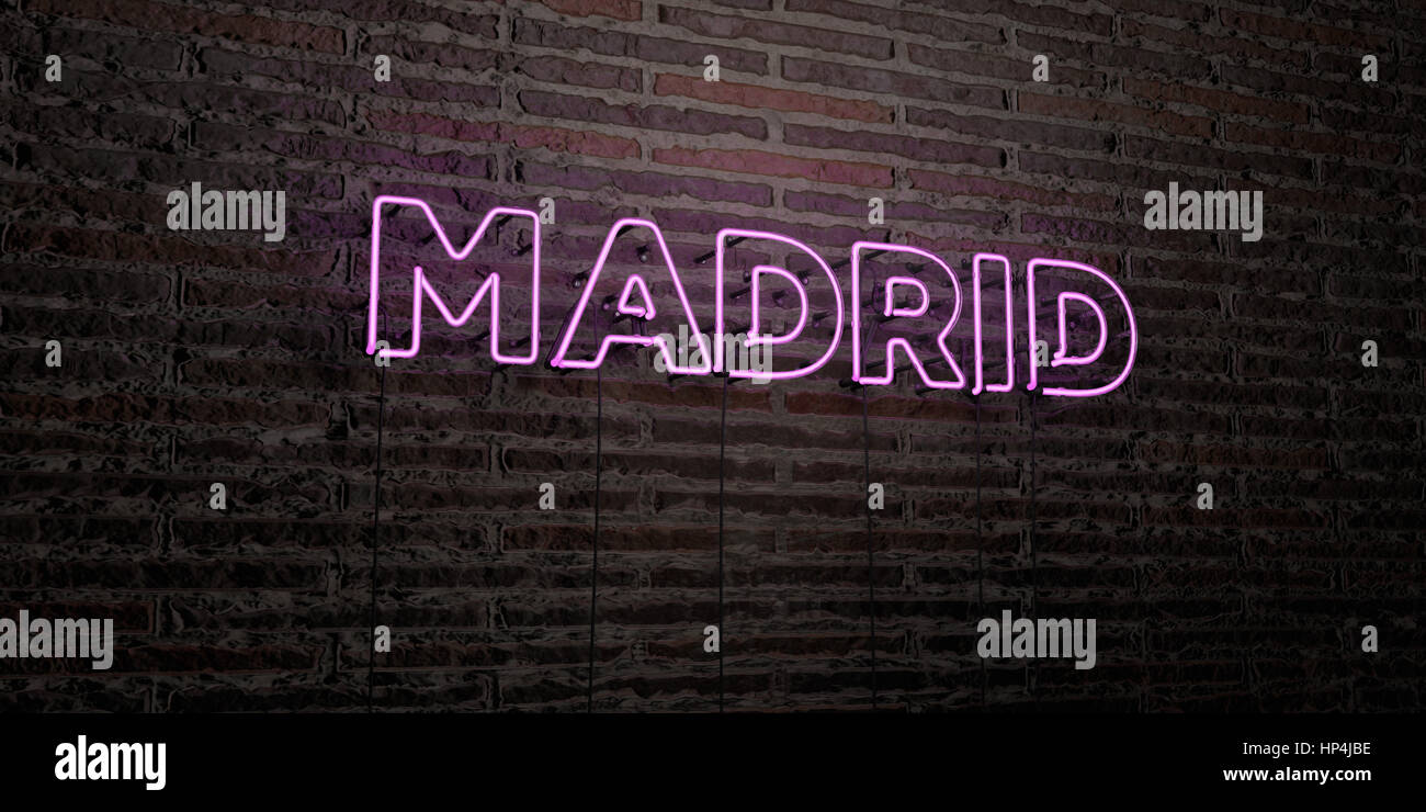MADRID -Realistic Neon Sign on Brick Wall background - 3D rendered ...